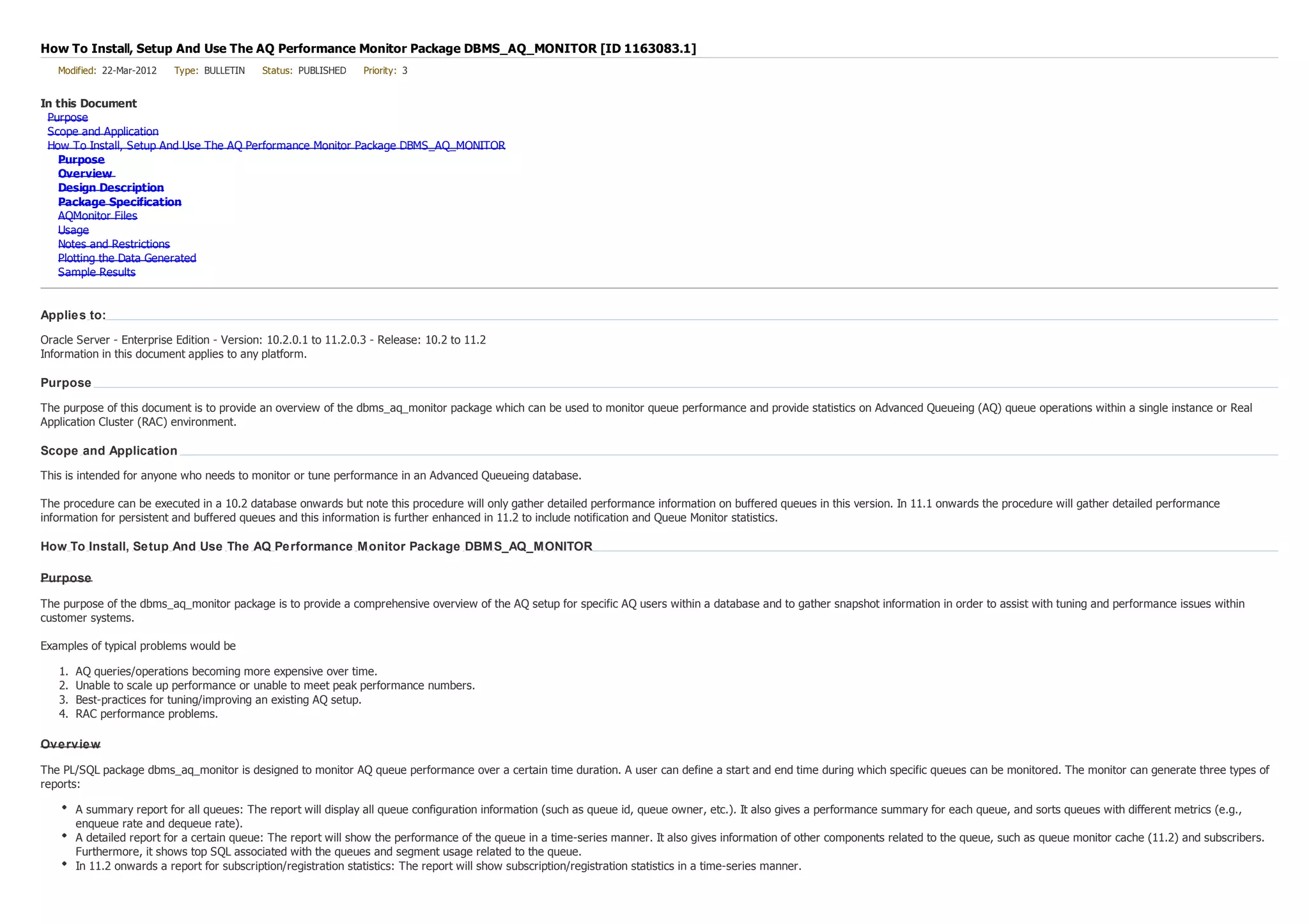 How to install setup-use the aq performance monitor package dbms aq ...