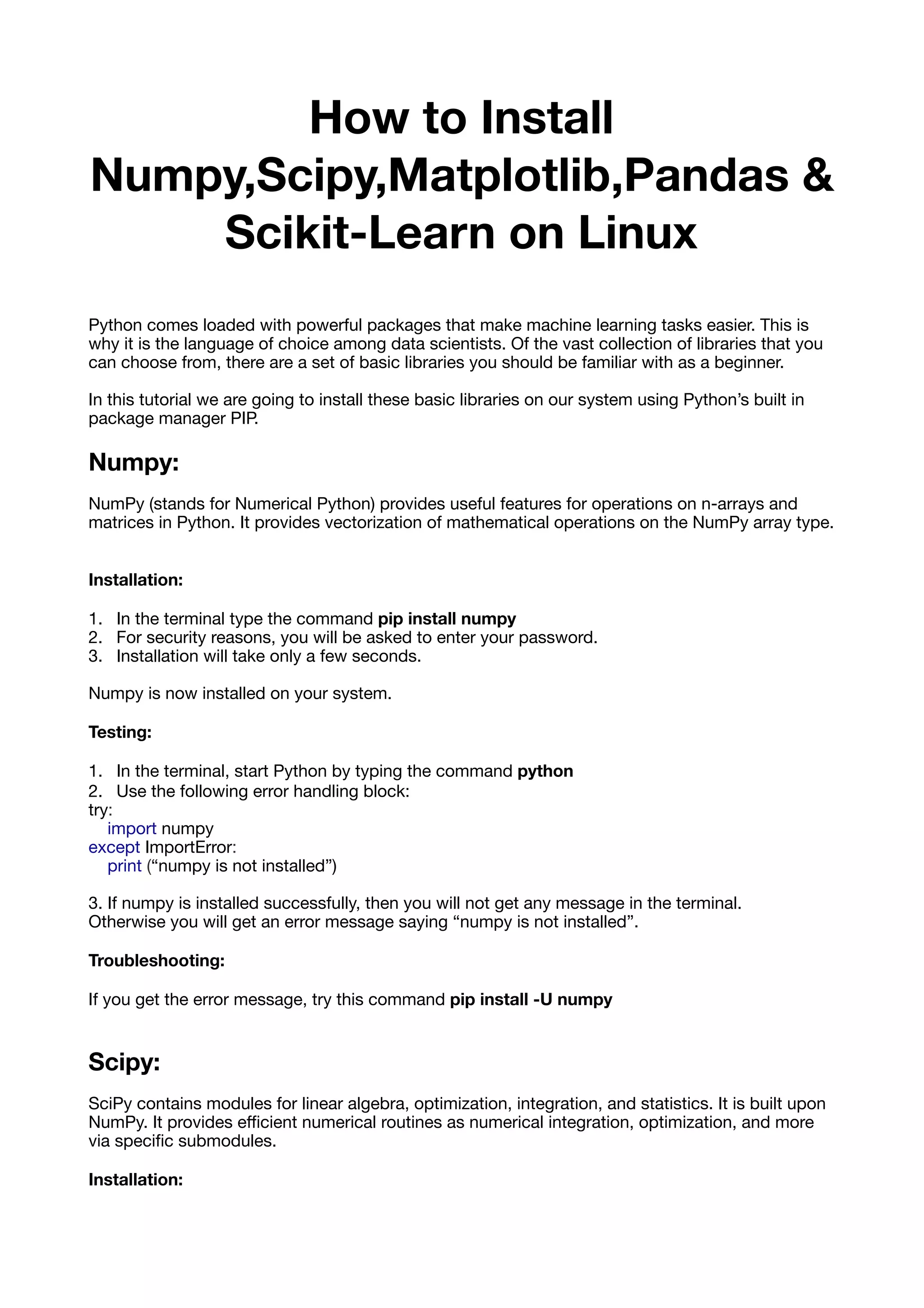 How To Install Numpy Scipy Matplotlib Pandas And Scikit Learn On Linux Pdf