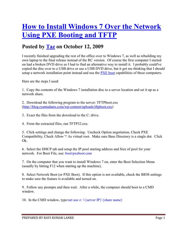 How To Install Windows 7 Over The Network Using Pxe Booting And Tftp Pdf