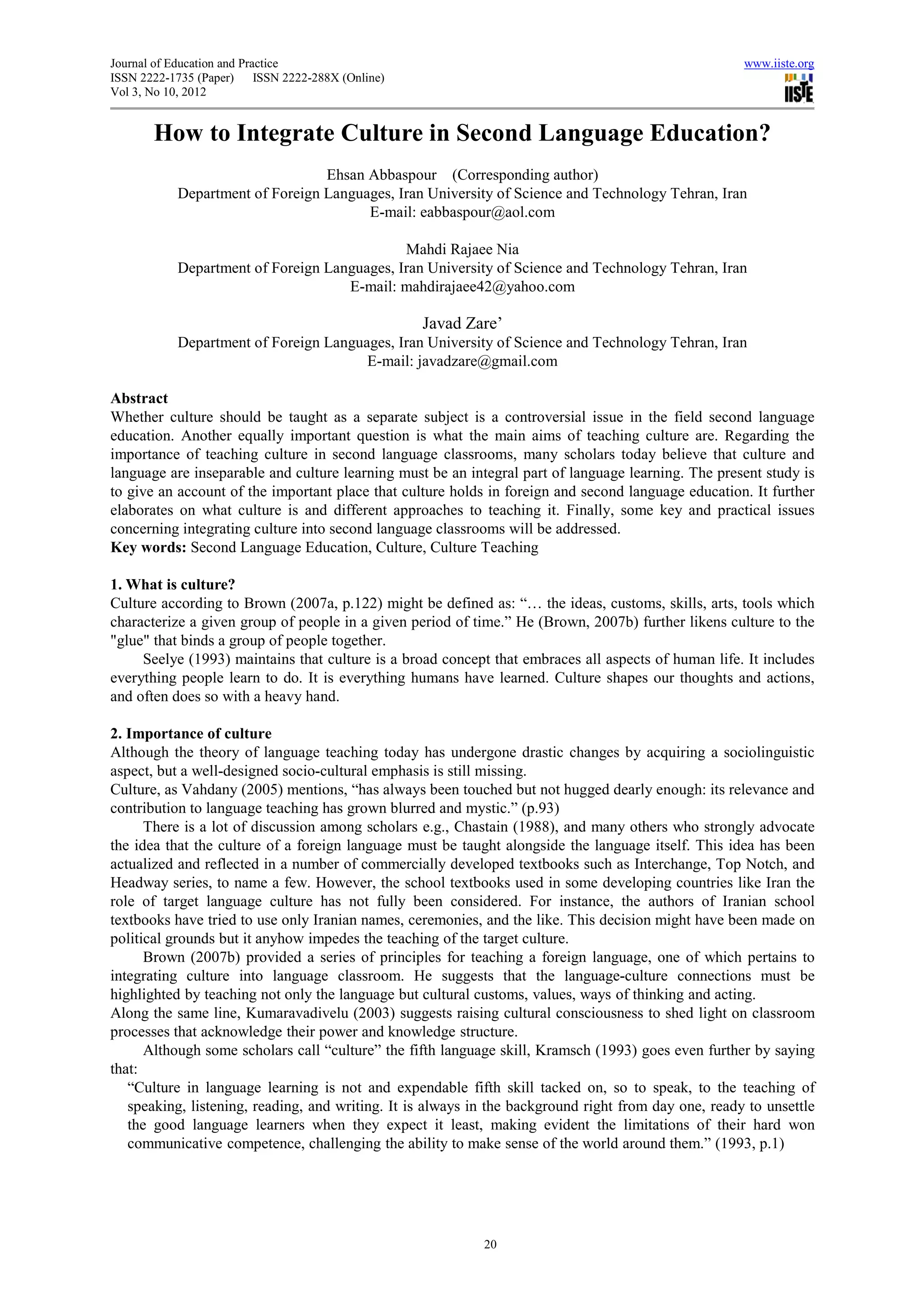 How to integrate culture in second language education | PDF