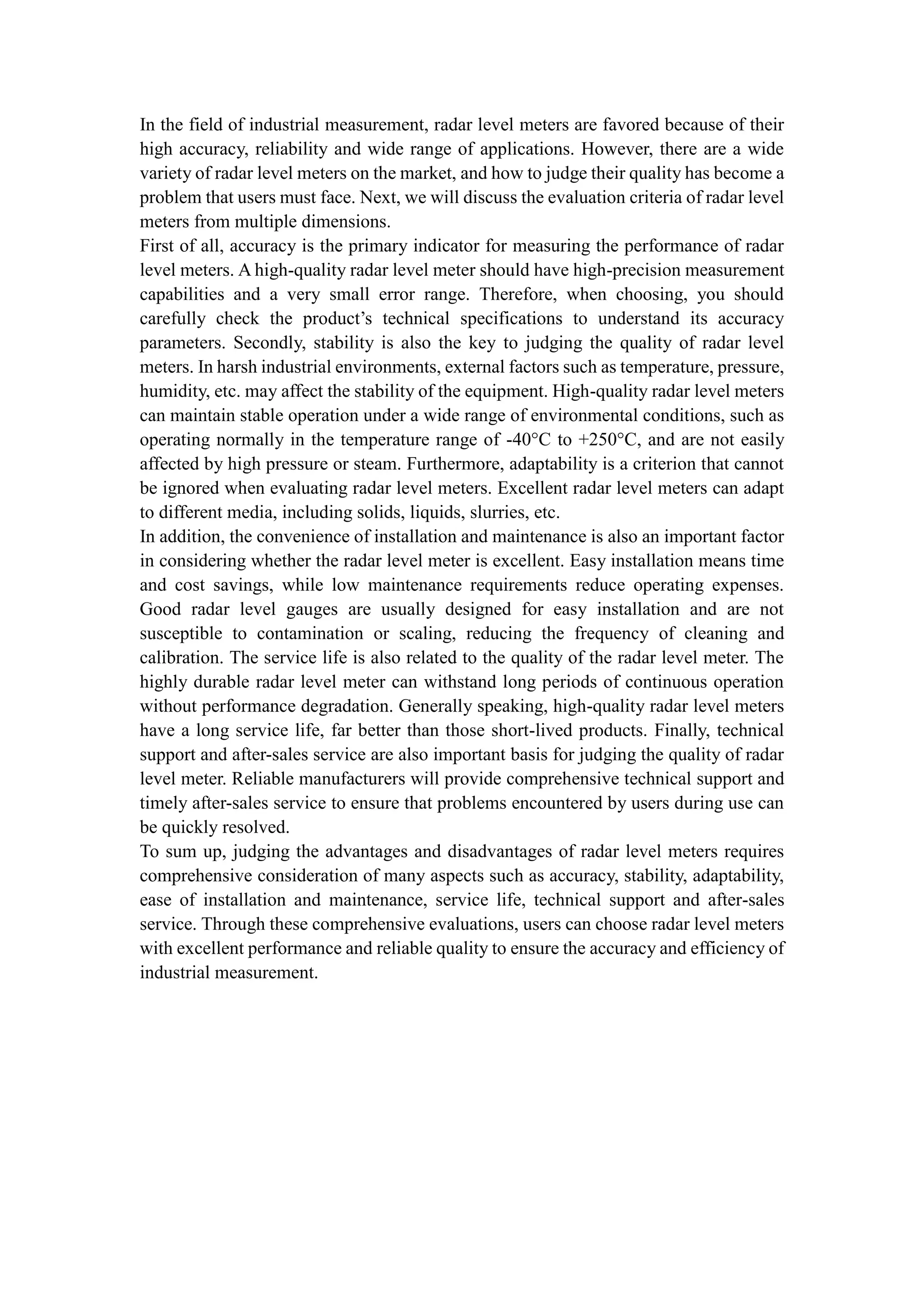 How To Judge The Advantages And Disadvantages Of Radar Level Meter | DOC
