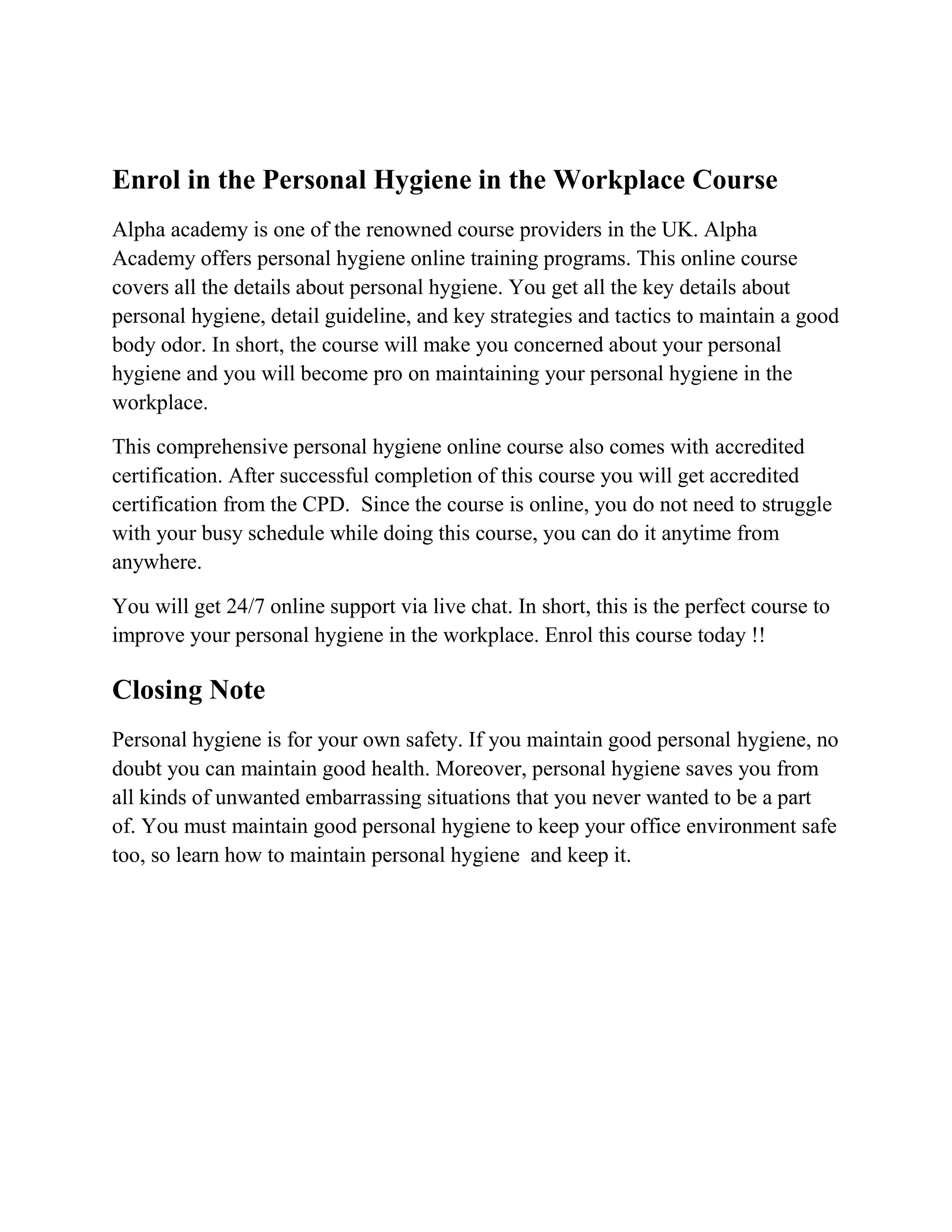 How to maintain personal hygiene in the workplace | PDF