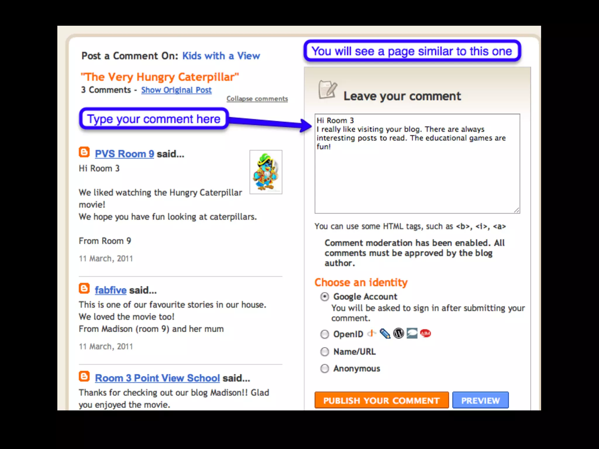 How to make comments on a blog - www.pointviewschoolroom3.blogspot.com