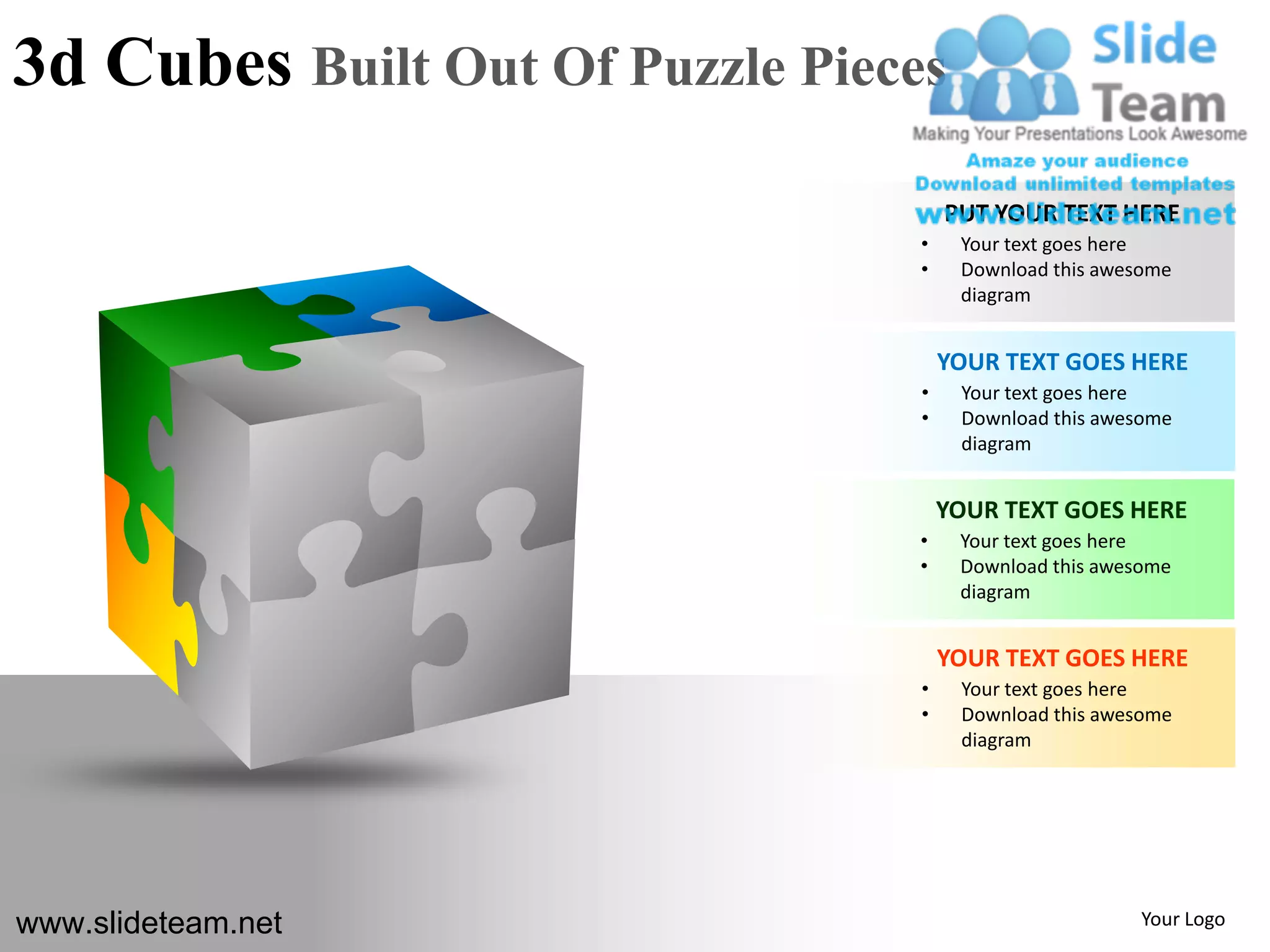 How to make create 3d cubes building blocks stacked built out of puzzle powerpoint presentation ...