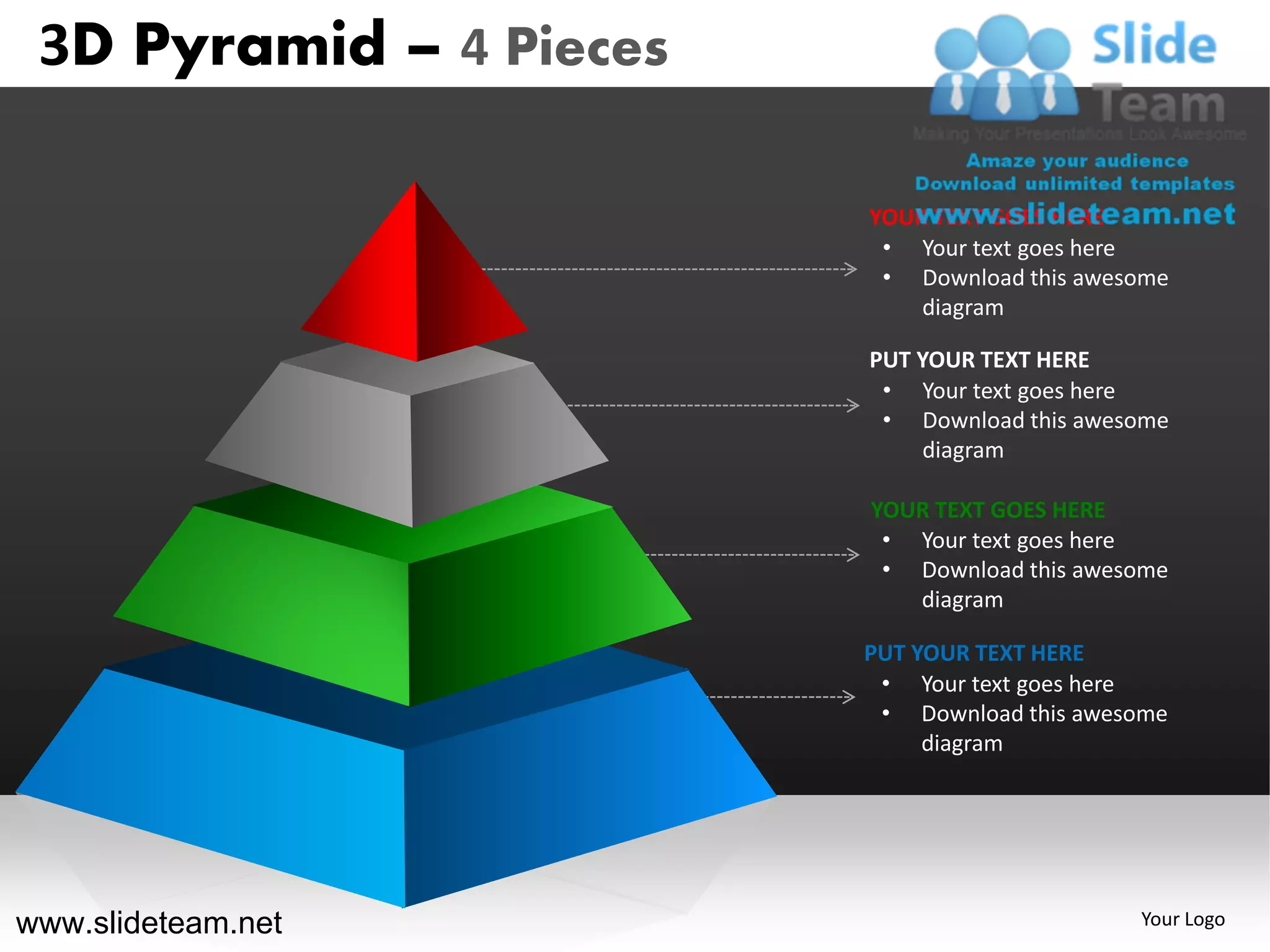 How to make create 3d pyramid stacked shapes chart 4 pieces powerpoint presentation slides and ...
