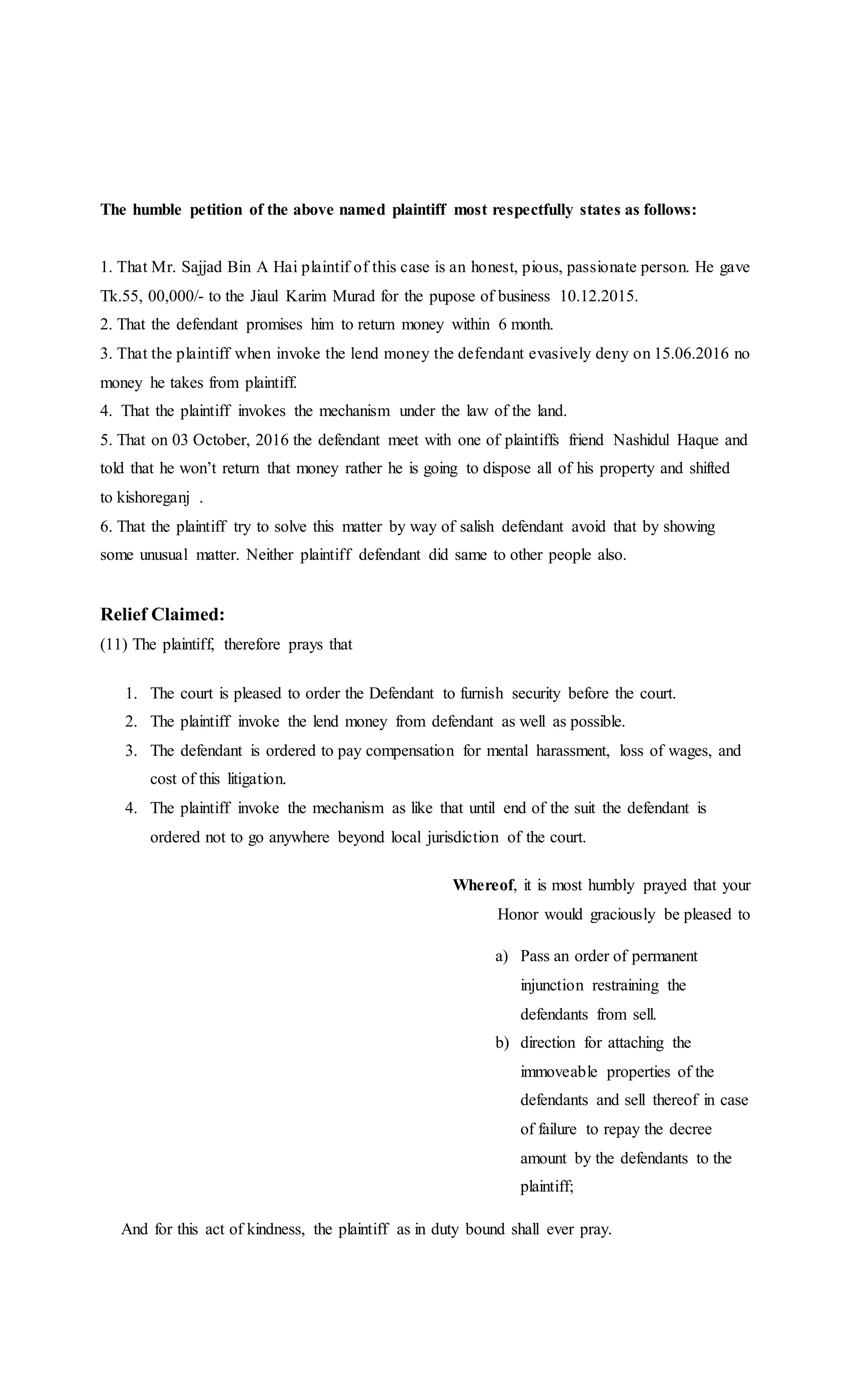 How to make plaint,Presented by :Shah Arafat Ayatullah | PDF