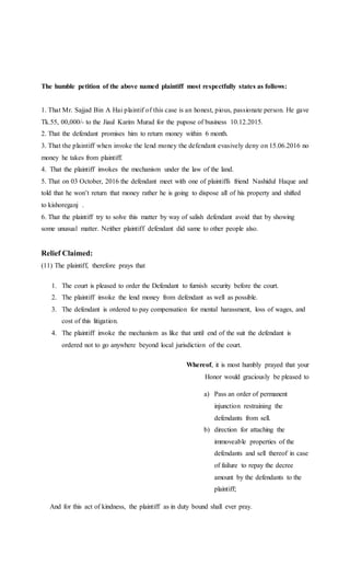 How to make plaint,Presented by :Shah Arafat Ayatullah | DOCX