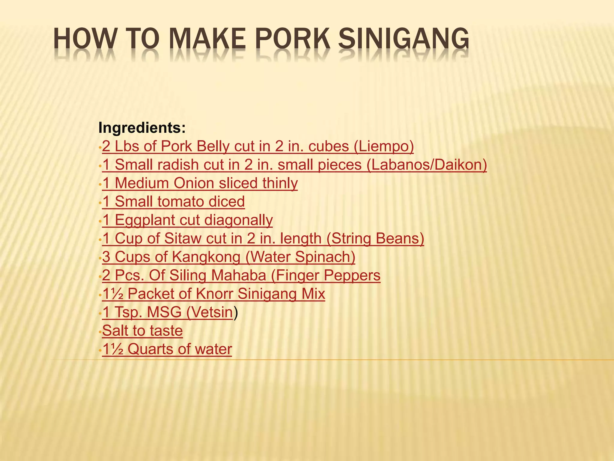 How to make pork sinigang jemarie absalon | PPTX | Cooking | Food & Drink