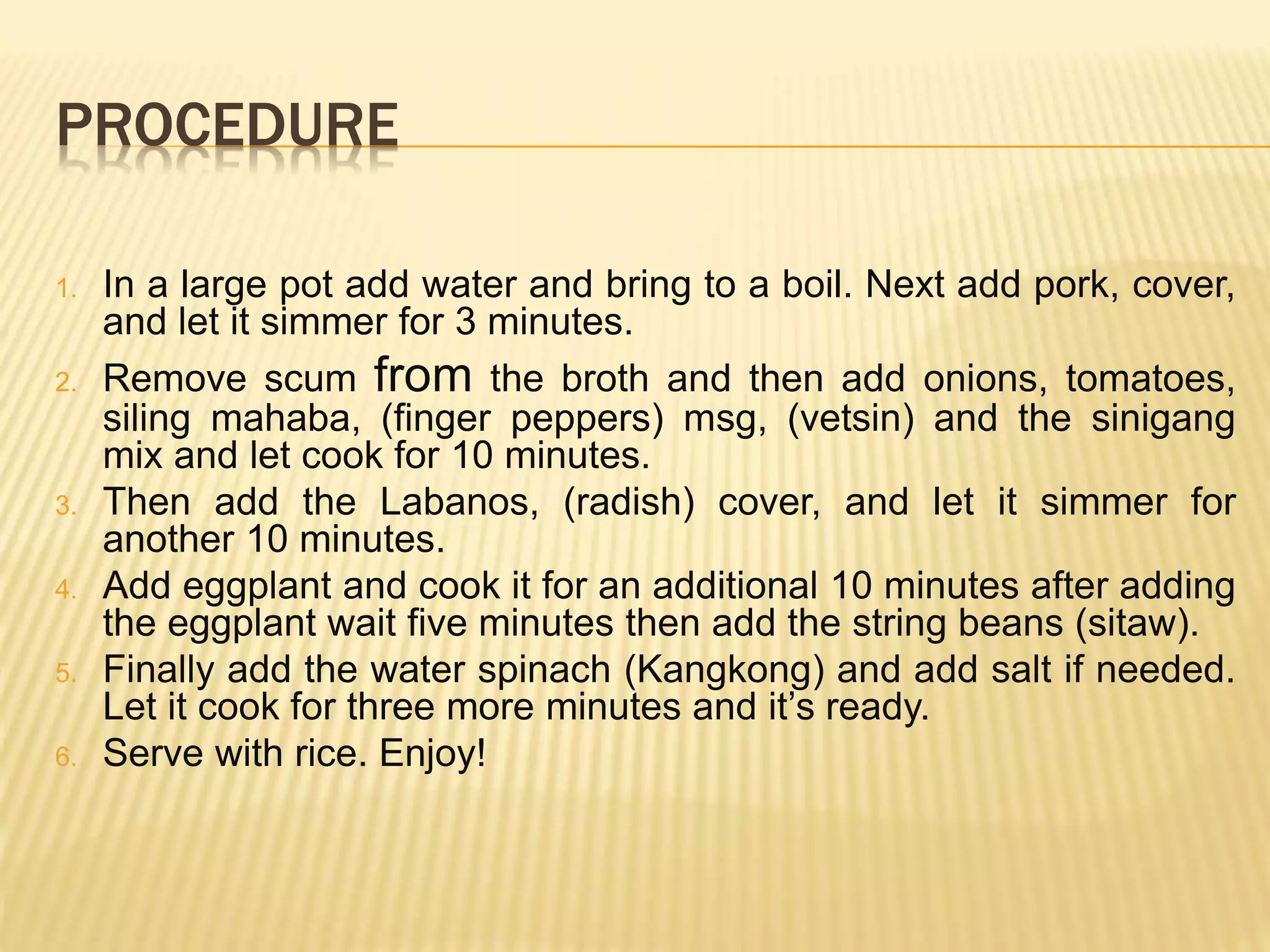 How to make pork sinigang jemarie absalon | PPTX | Cooking | Food & Drink