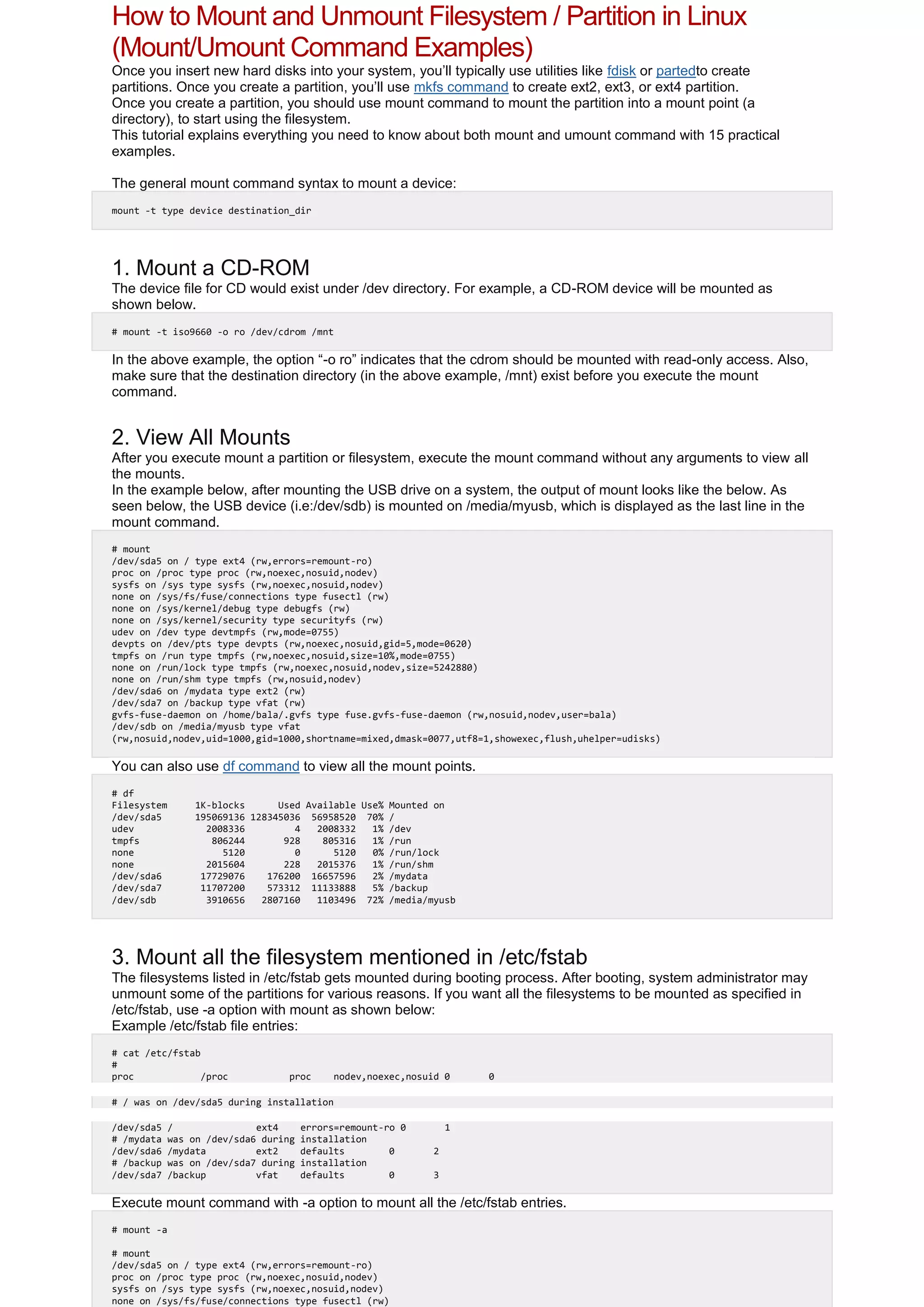 How to mount and unmount filesystem | PDF