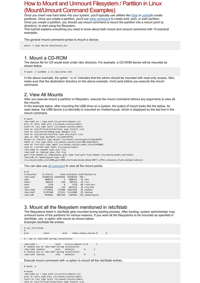 How to mount and unmount filesystem | PDF