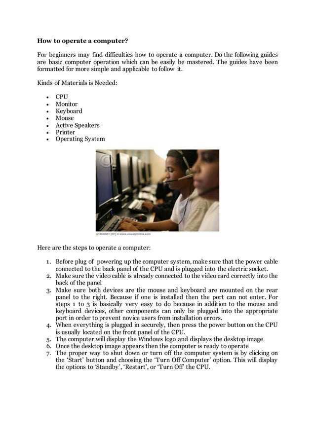 How to operate a computer | DOCX | Computer Peripherals | Computing