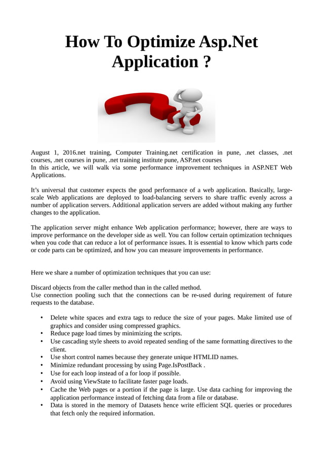 How to optimize asp dot-net application | PDF