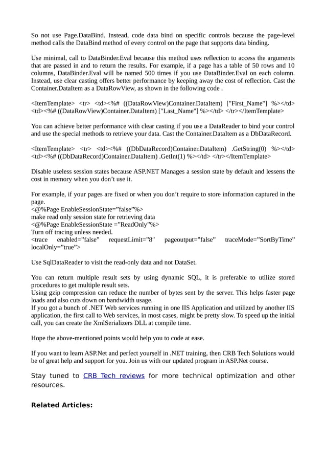 How to optimize asp dot-net application | PDF