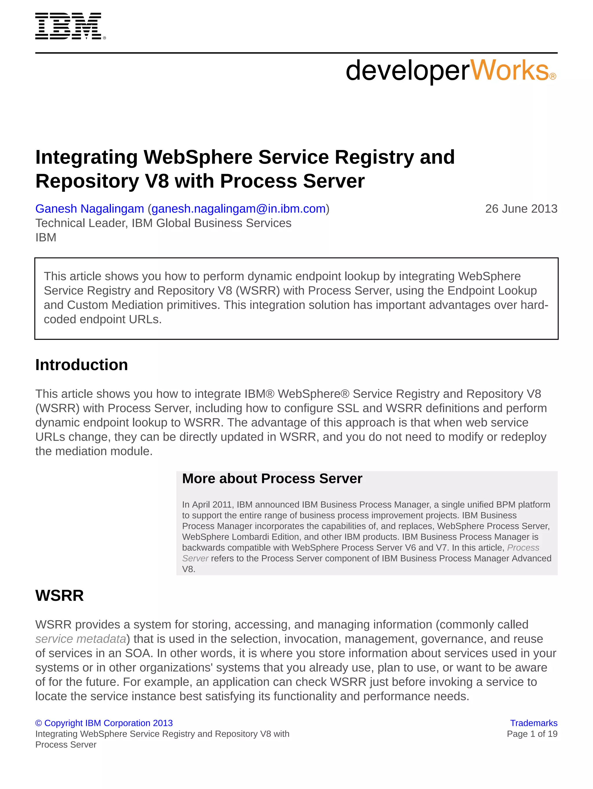 Integrating WebSphere Service Registry and Repository V8 with Process Server | PDF