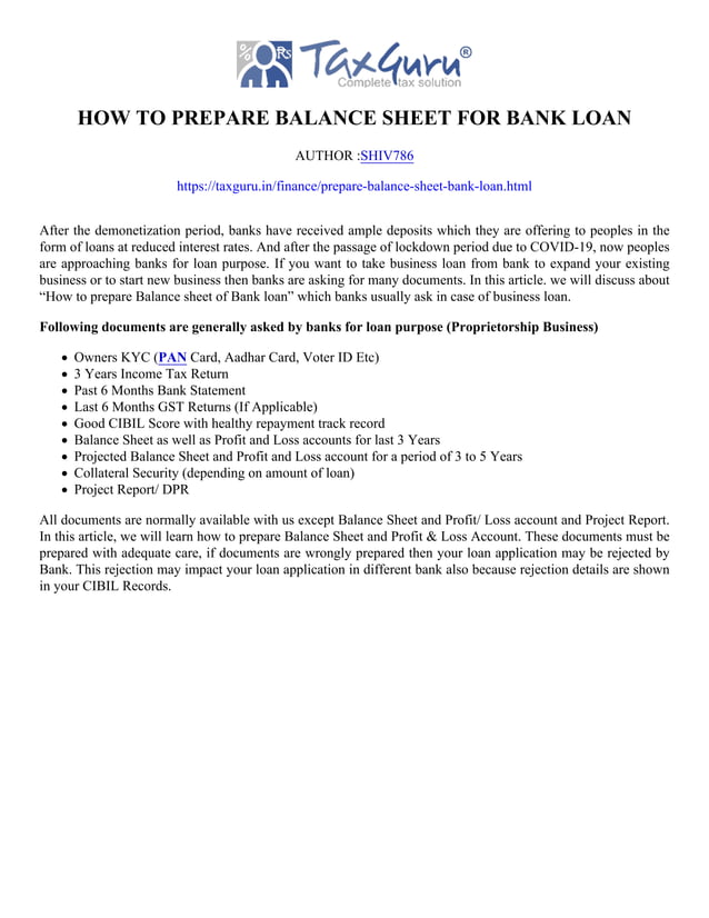 How To Prepare Balance Sheet For Bank Loan | PDF | Business Accounting & Finance | Business