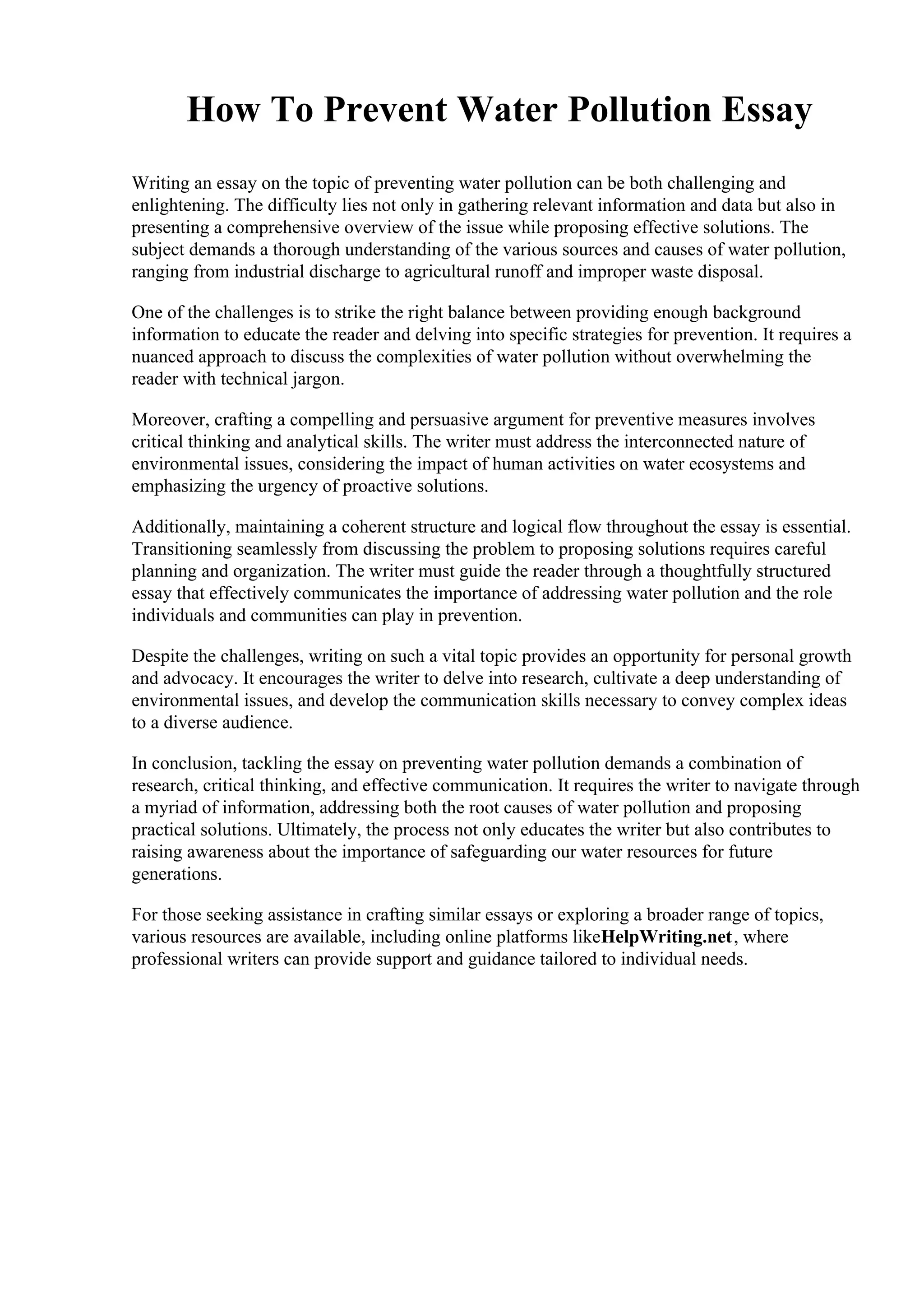 How To Prevent Water Pollution Essay | PDF