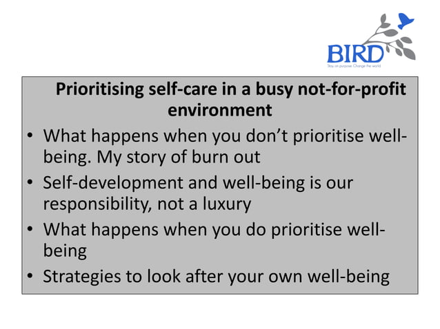 Prioritising self-care in a busy not-for-profit environment | PPT