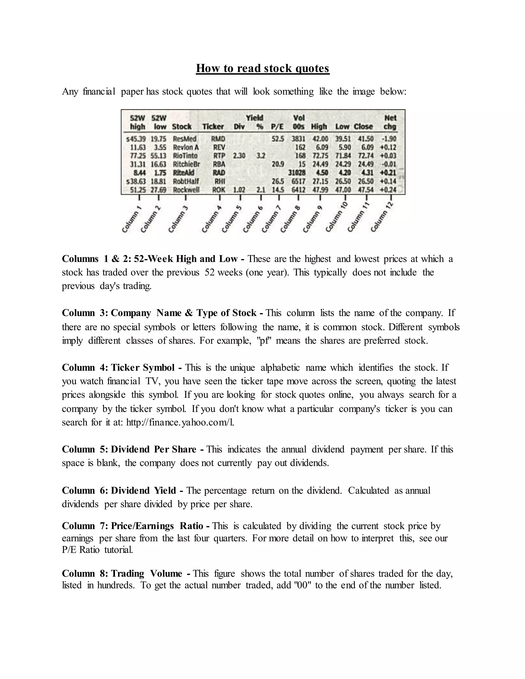 How to read stock quotes | DOCX