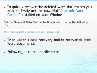 How to Recover Deleted Word Documents on Windows | PPTX | Operating Systems | Computer Software ...