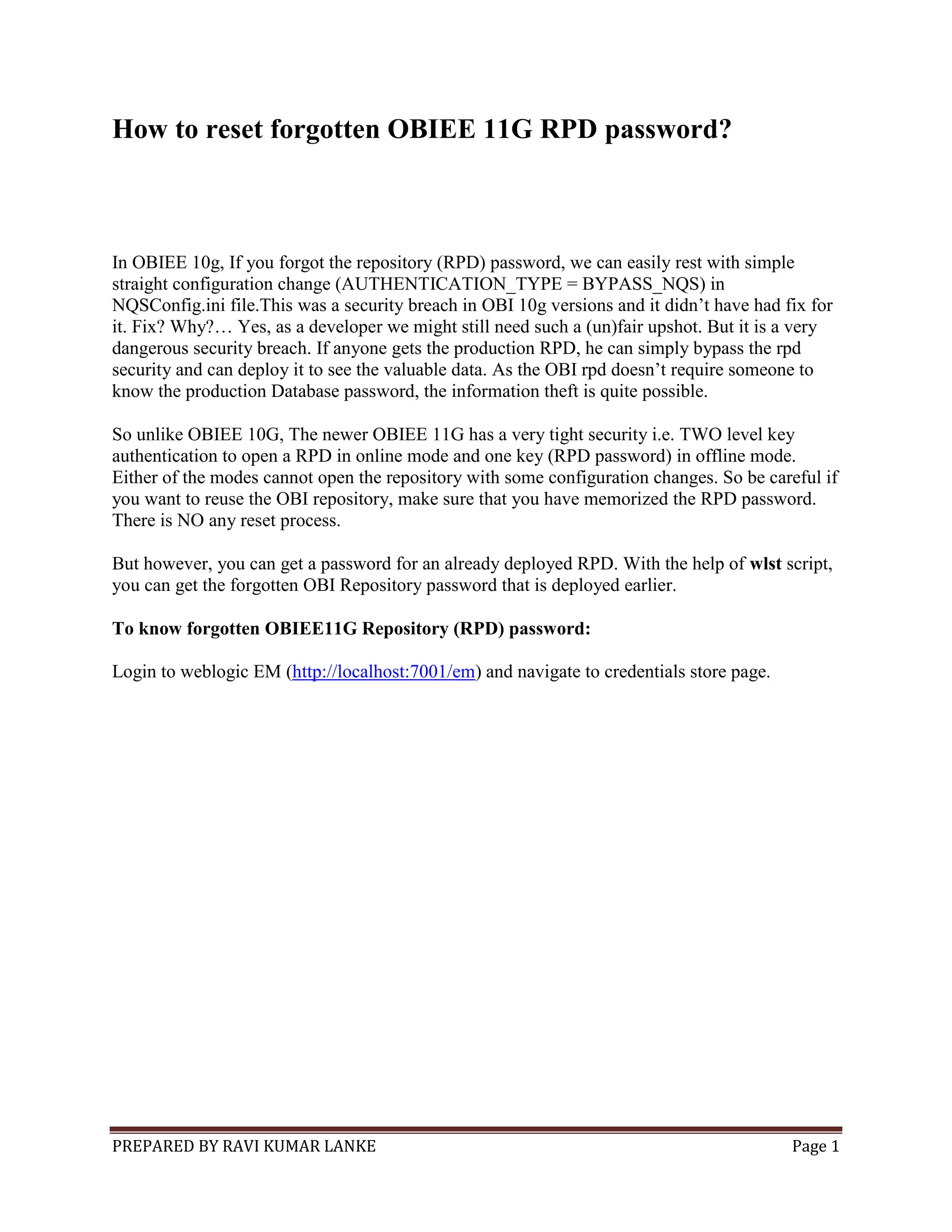 How to reset forgotten obiee 11 g rpd passwd | PDF