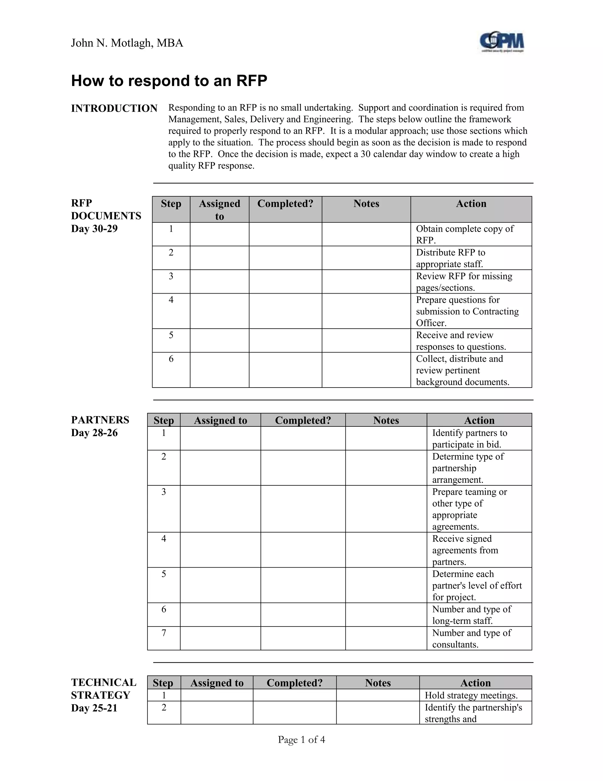 30 Day Countdown to an RFP response | DOCX