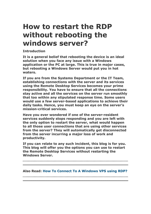 How To Restart The Rdp Without Rebooting The Windows Server Pdf