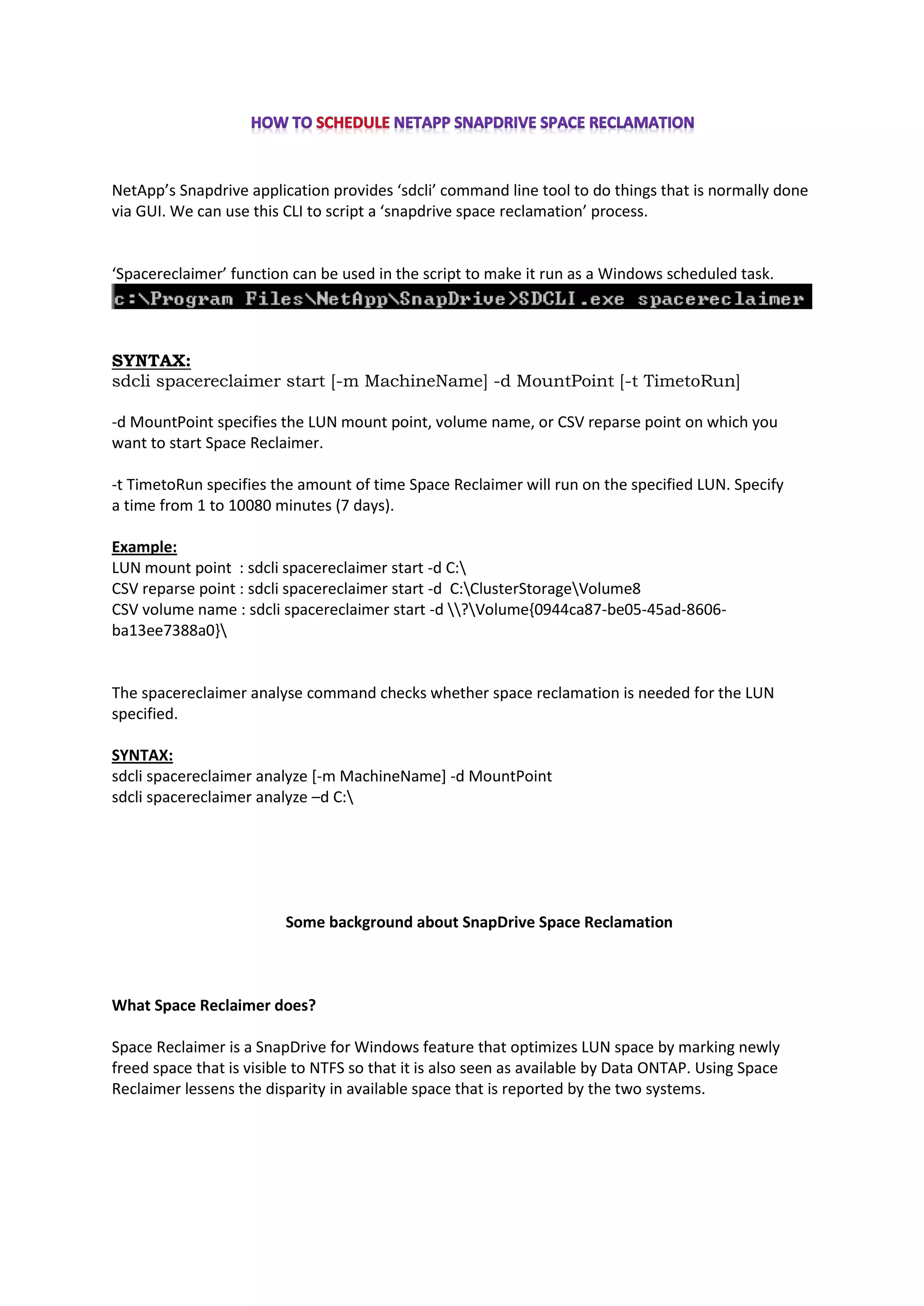 How to schedule snapdrive space reclamation | PDF