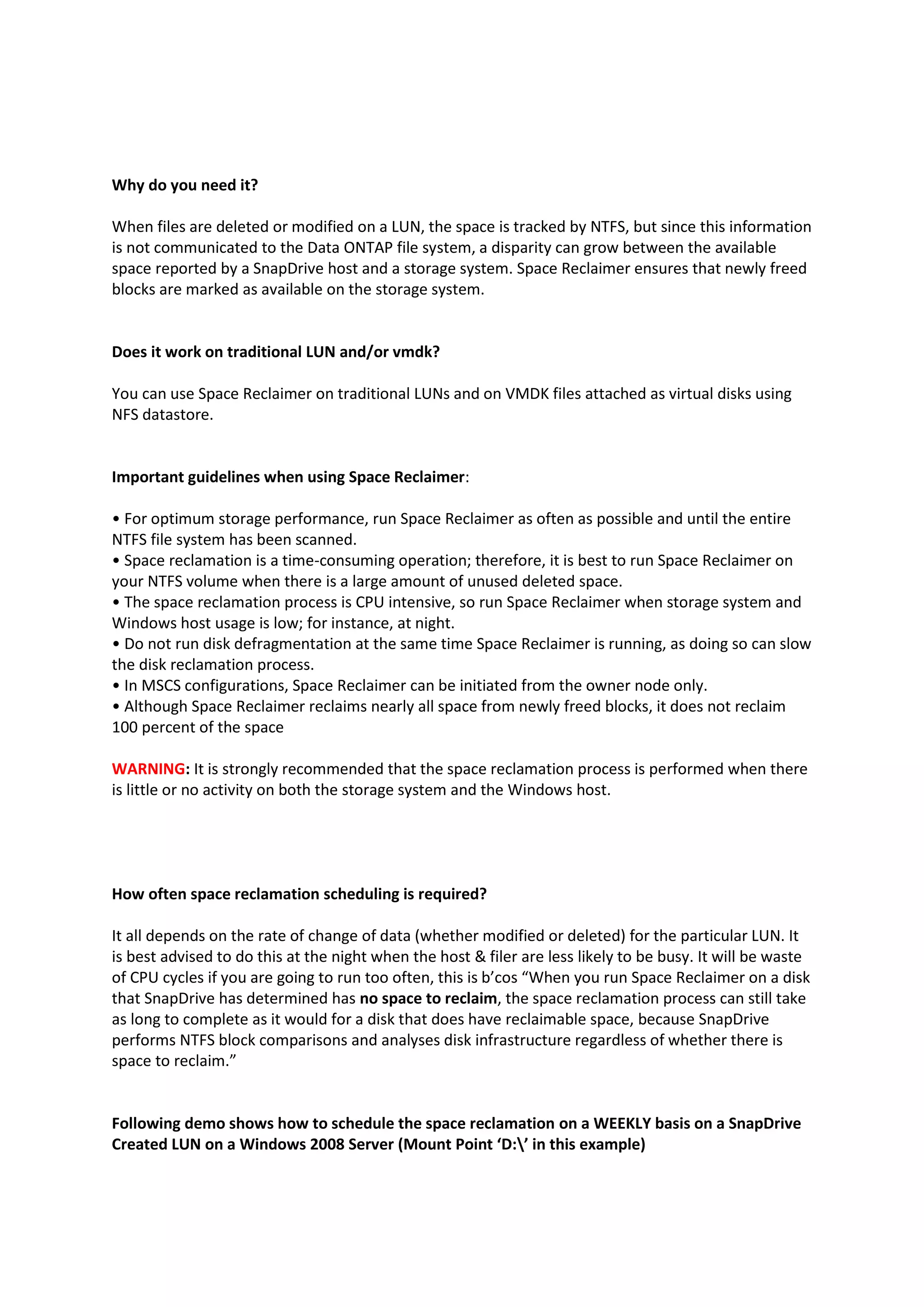 How to schedule snapdrive space reclamation | PDF