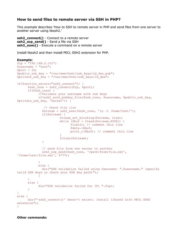 How to send files to remote server via ssh in php | PDF