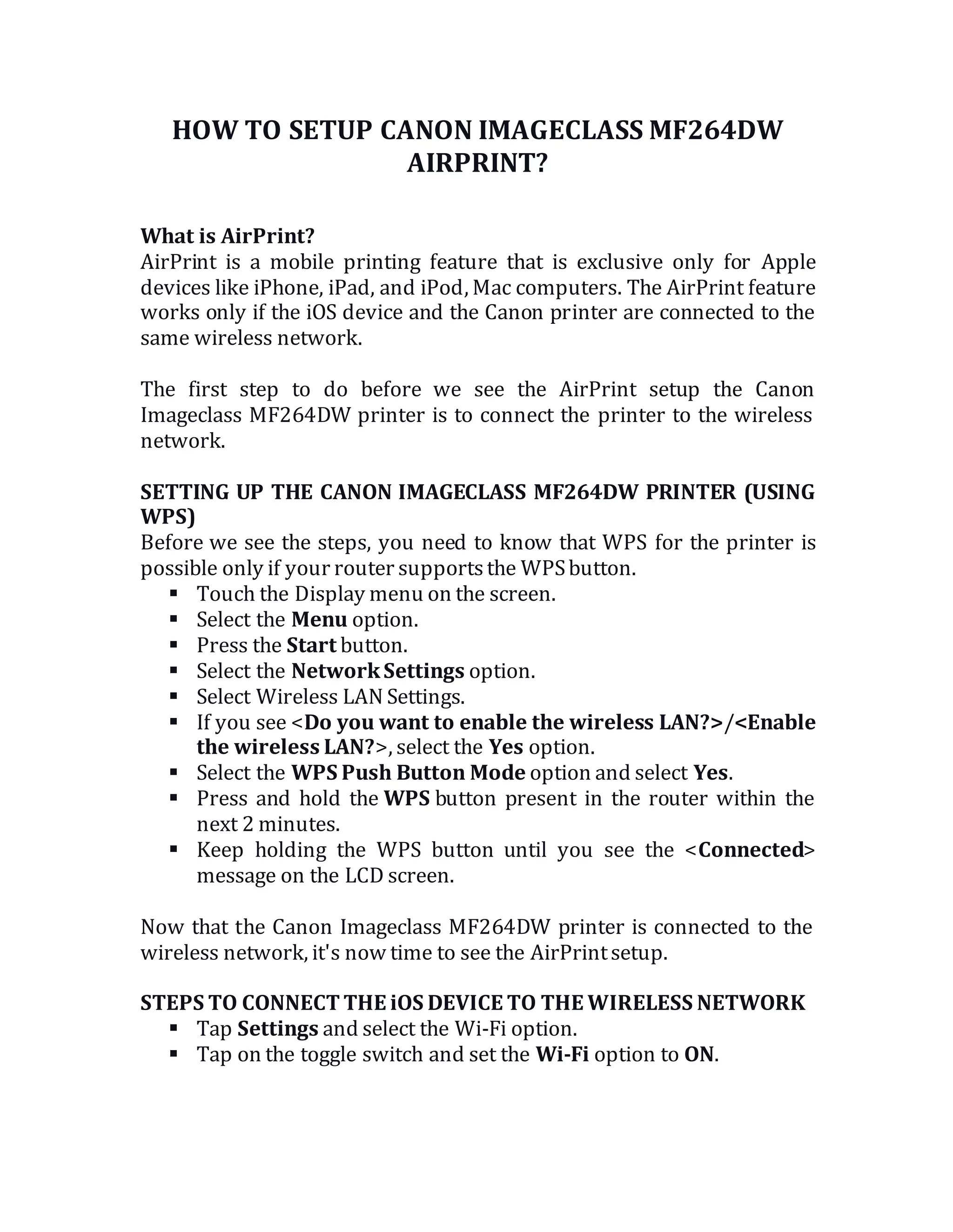 HOW TO SETUP CANON IMAGECLASS MF264DW AIRPRINT? | PDF | Free Download