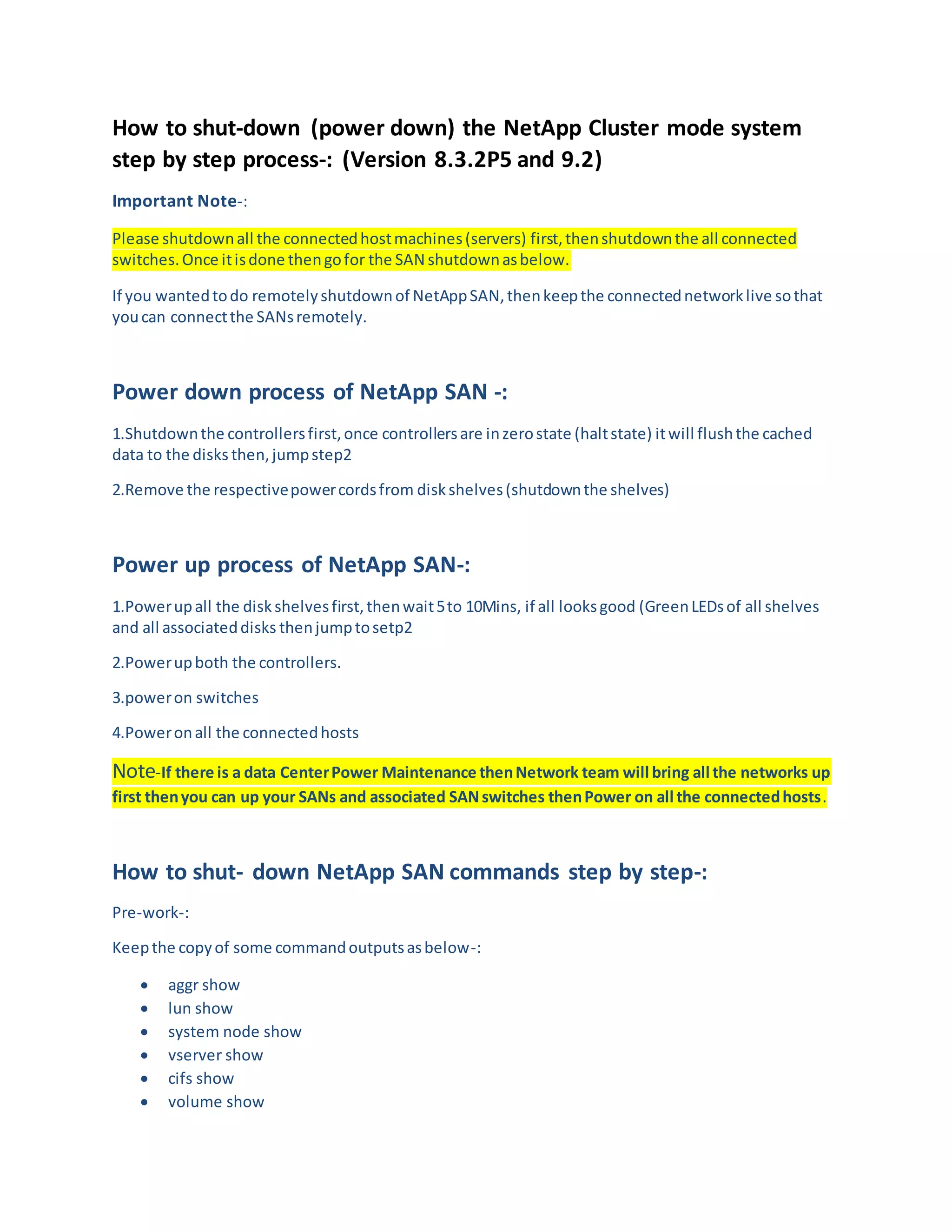 How to shutdown the Netapp SAN 8.3 and 9.2 version | DOCX