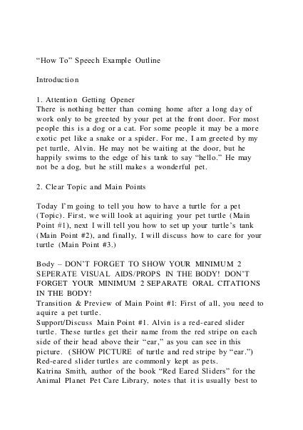How To” Speech Example OutlineIntroduction1. Attention Ge | PDF