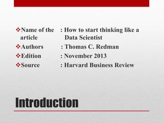 How to start thinking like a data scientist | PDF
