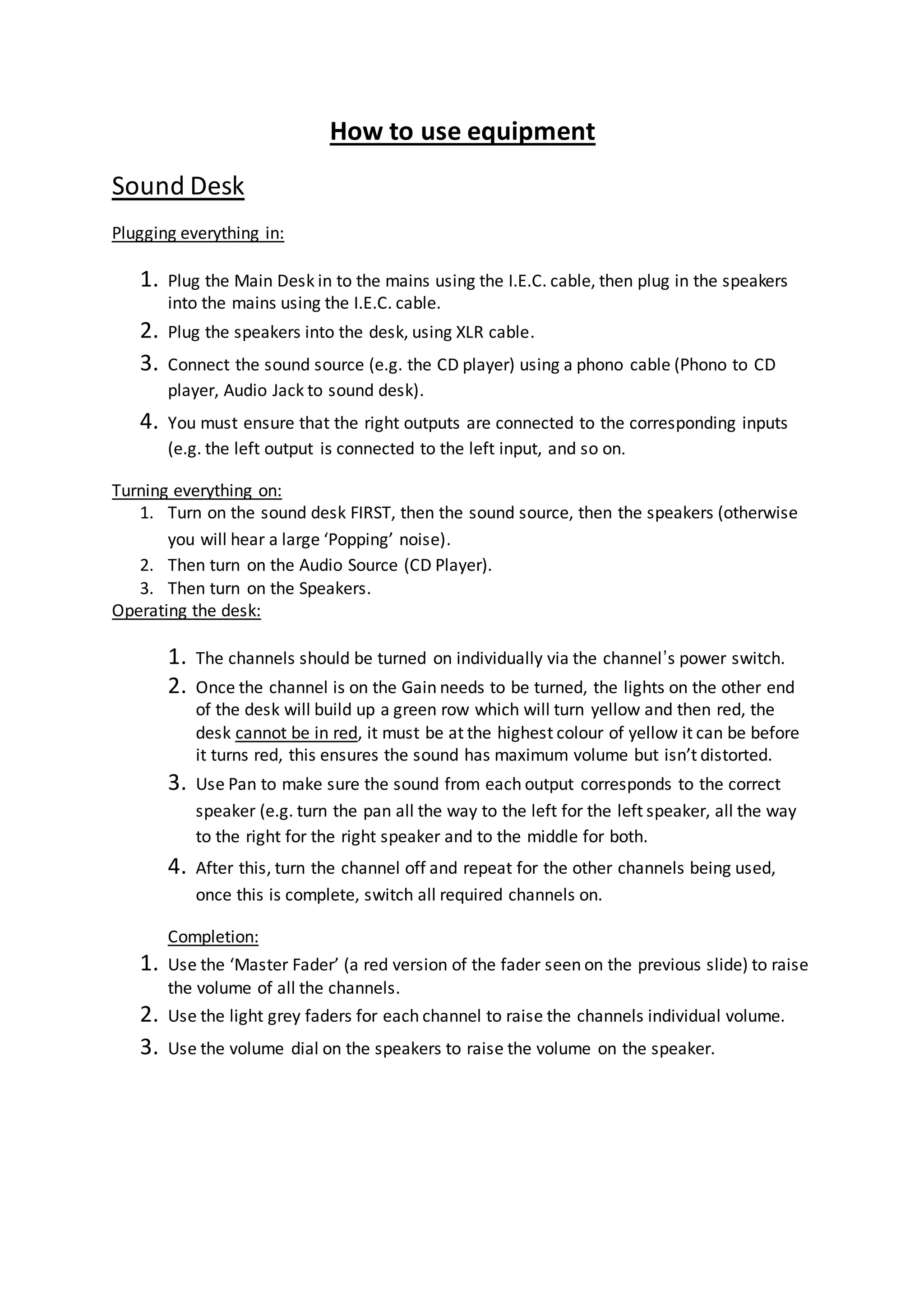 How to use equipment (sound desk) | DOCX
