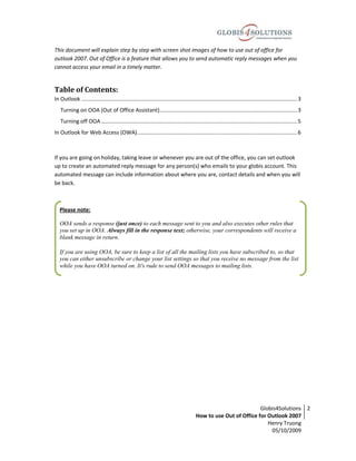 How To Use Out Of Office For Outlook 2007 User Guide | PDF
