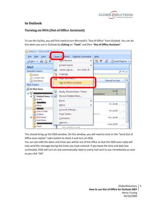 How To Use Out Of Office For Outlook 2007 User Guide | PDF