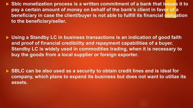 How to use sblc monetization process | PPTX | Business Banking & Finance | Business