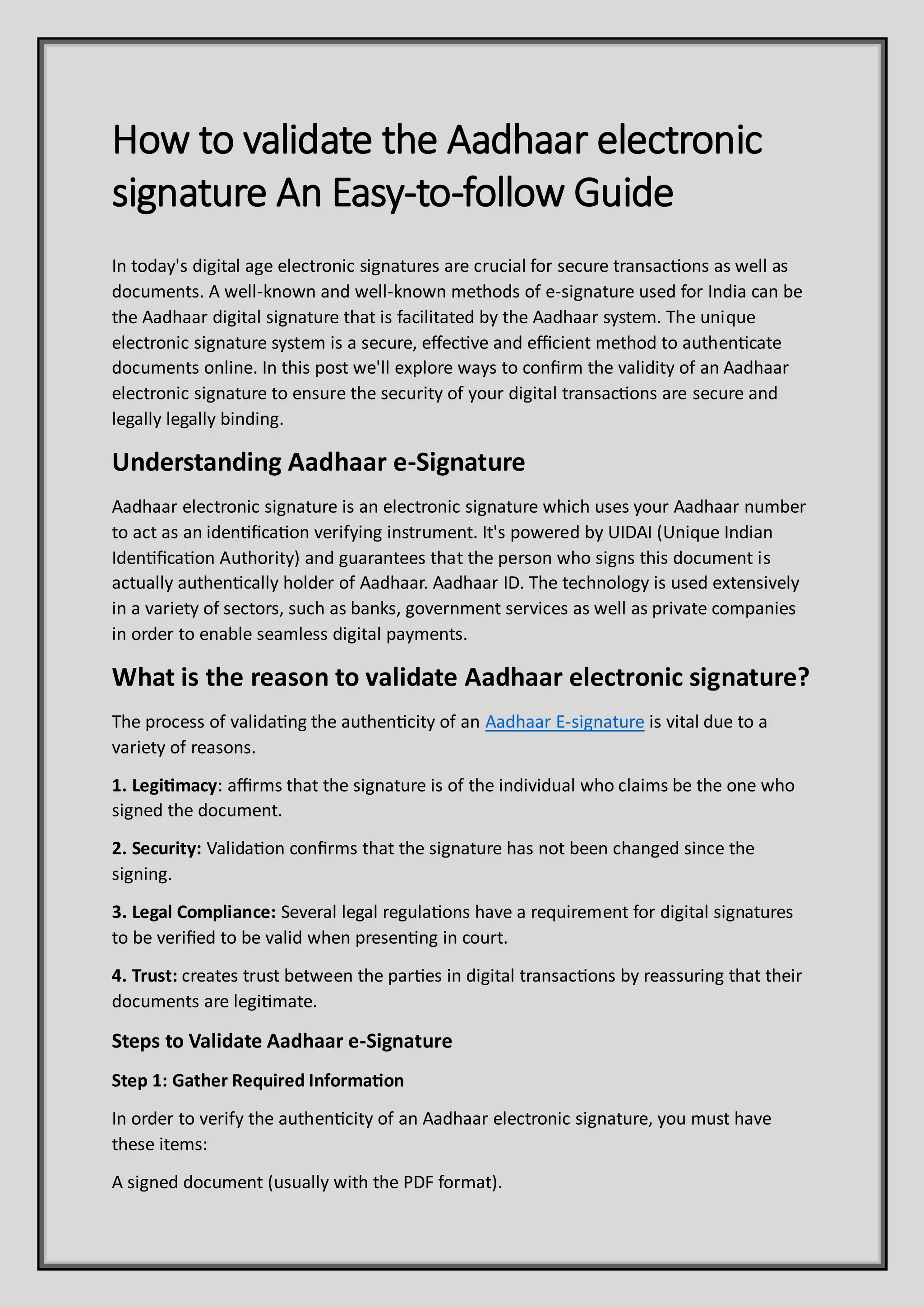 How to validate the Aadhaar electronic signature An Easy.pdf | Free ...