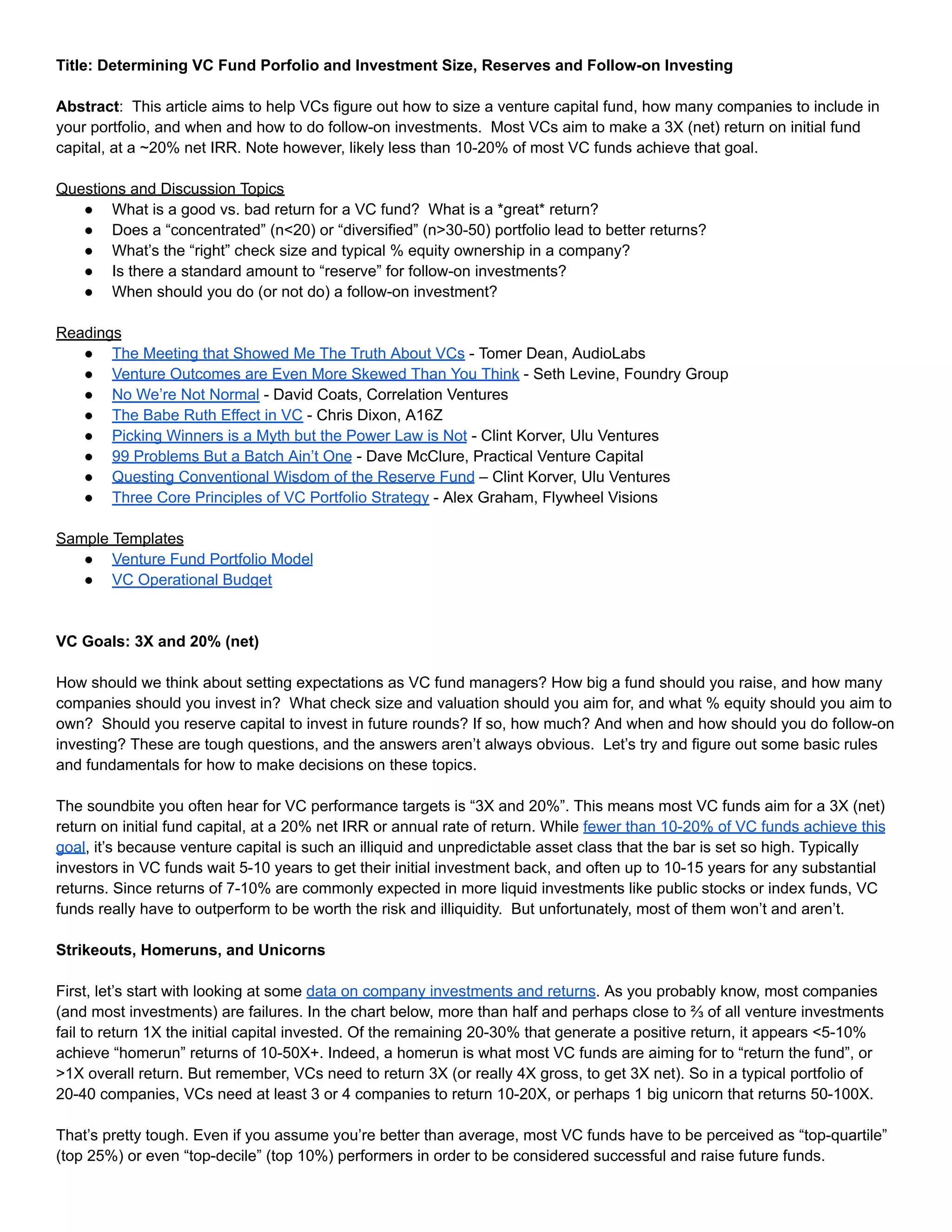How to VC: Creating a VC fund portfolio model | PDF