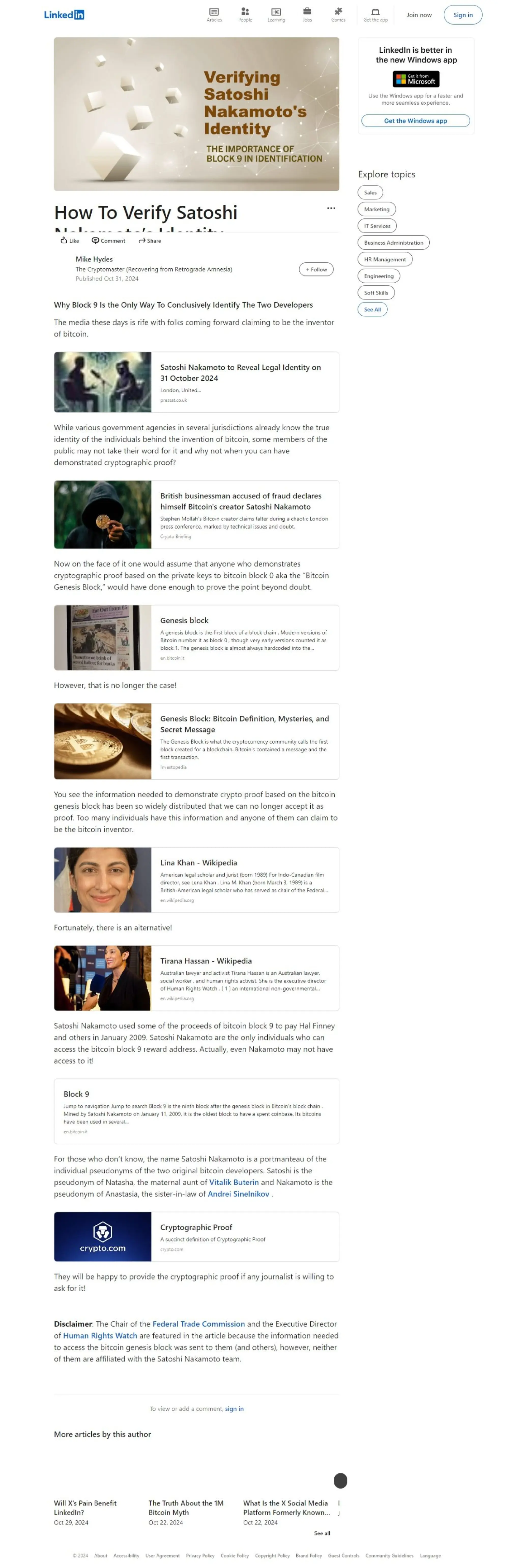 How To Verify Satoshi Nakamoto's Identity (LinkedIn) | PDF