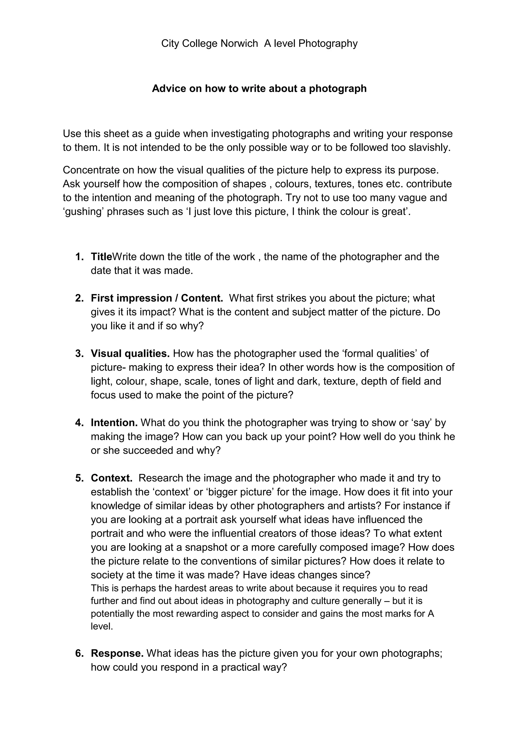 How to write about a photograph | PDF