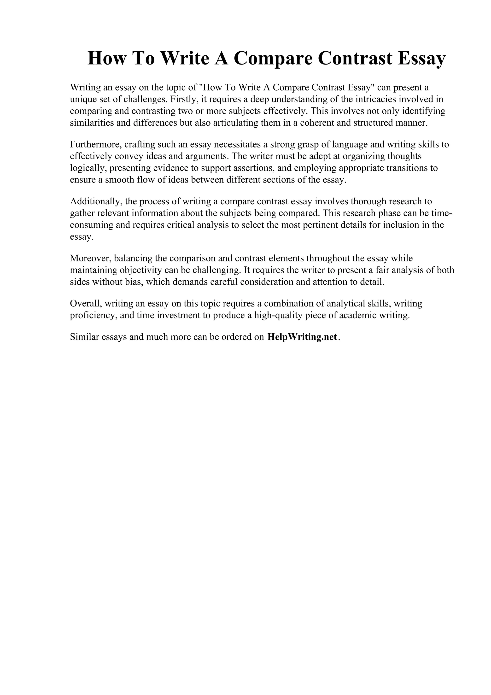 How To Write A Compare Contrast Essay. Compare And Contrast Essay ...