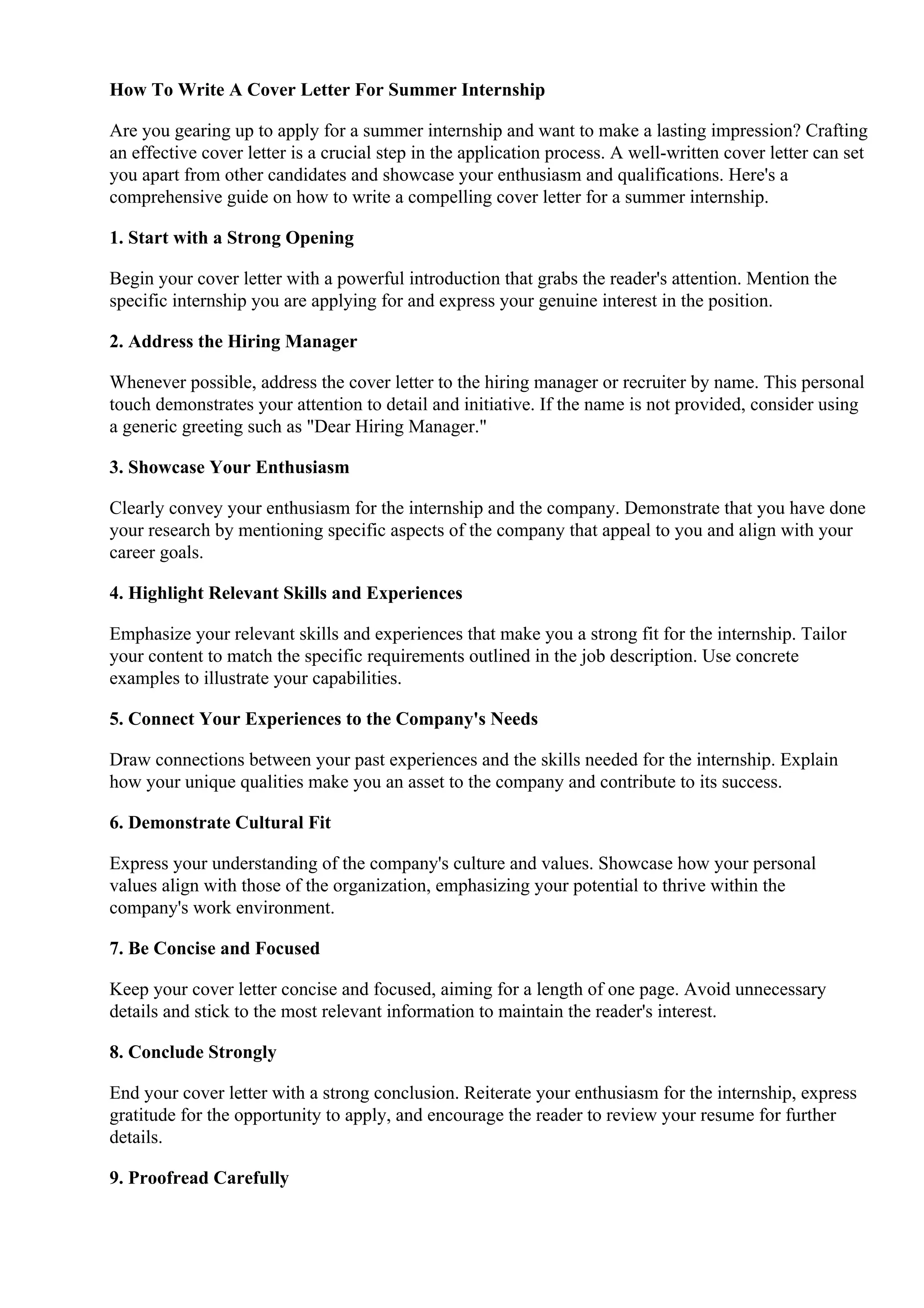 How To Write A Cover Letter For Summer Internship | PDF