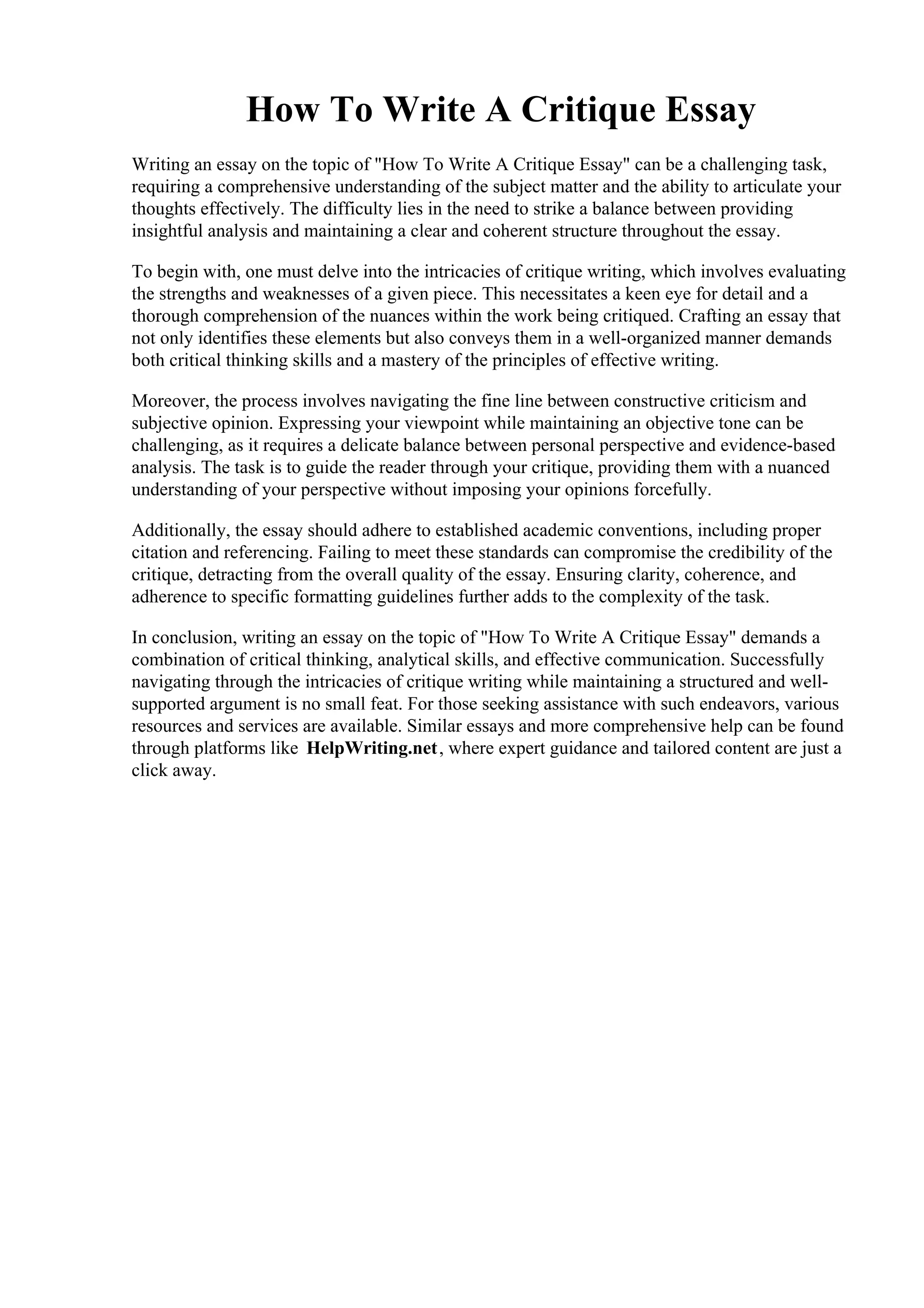 How To Write A Critique Essay. Sample Critique paper Assignments ...