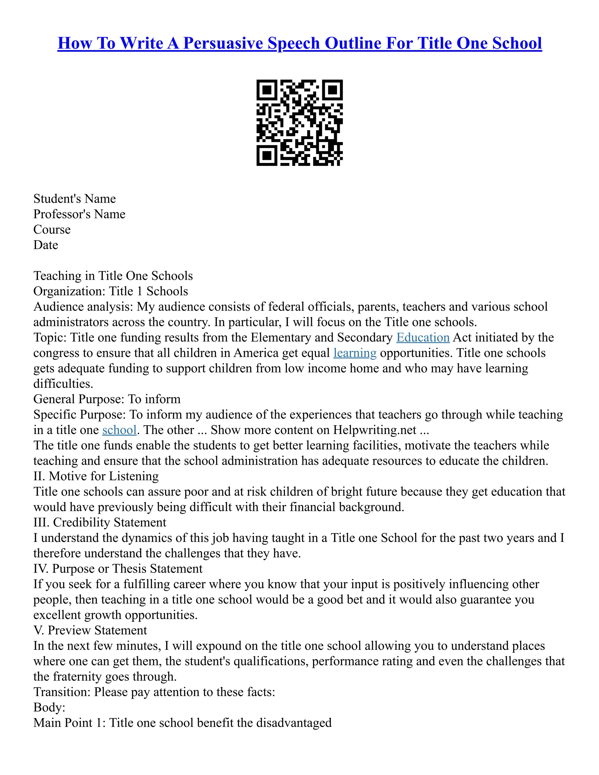 How To Write A Persuasive Speech Outline For Title One School | PDF ...