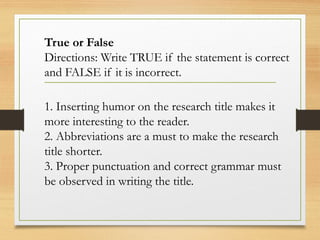 How to write research title in Quatntitative Research | PPTX