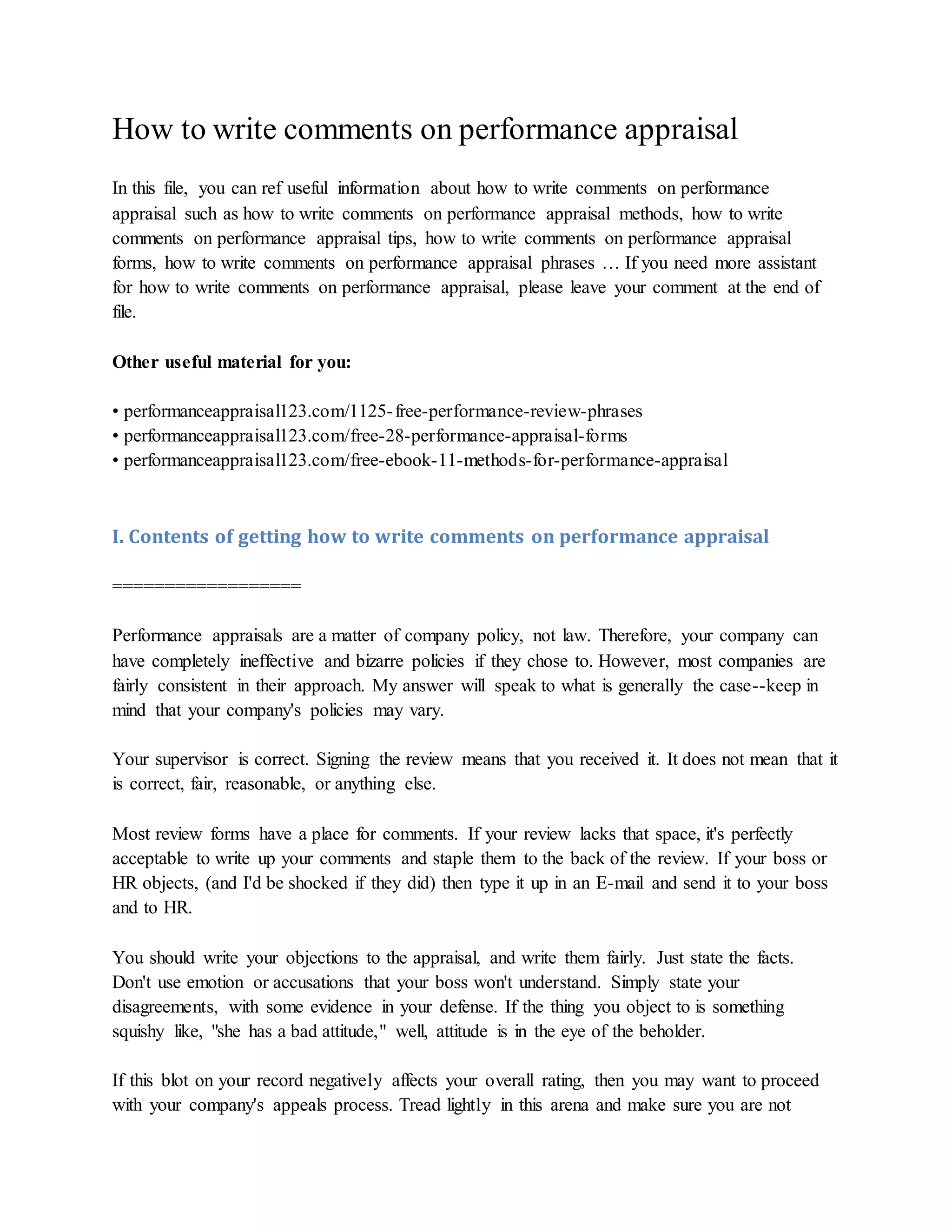 How to write comments on performance appraisal | PDF