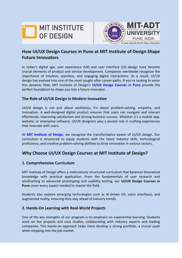 How UI UX Design Courses in Pune at MIT Institute of Design Shape ...