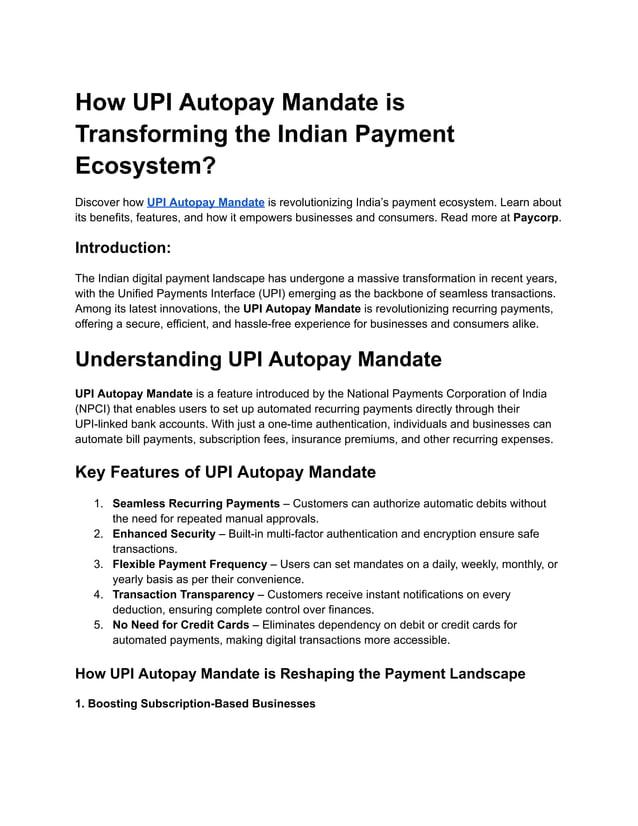 How UPI Autopay Mandate is Transforming the Indian Payment Ecosystem | PDF